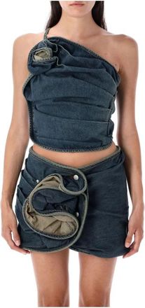 Magda Butrym Femme, Tops, Bleu, Taille: 36 FR Asymmetric Denim Rose Bustier Top