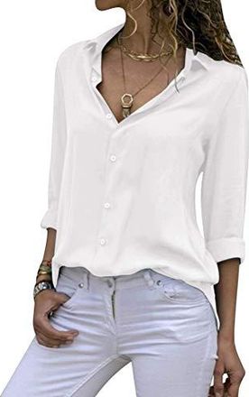 Minetom Femmes Blouse dété en Mousseline de Soie à Manche Longue Chemise Elégant Bouton Col en V Tops T-Shirt Z Blanc 42
