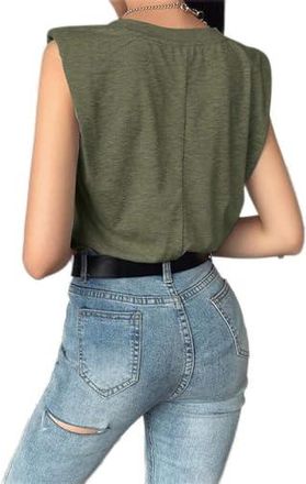 Generic T-shirt décontracté pour femme et fille - Tendance - Sans manches - Col en V - Avec épaulettes - Gilet ample - Chemises dentraînement pour femme, Vert