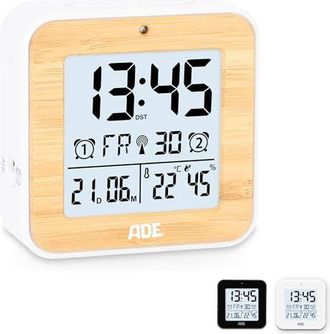 ADE R&eacute;veil num&eacute;rique avec Signal horaire DCF | 2 Heures de r&eacute;veil | Affichage de la temp&eacute;rature e humidit&eacute; | bo&icirc;tier en Bambou v&eacute;ritable | r&eacute;veil de Voyag