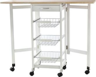 HOMCOM Chariot de service desserte de cuisine &agrave; roulettes multi-rangements 3 paniers m&eacute;tal + tiroir + rallonges mdf blanc ch&ecirc;ne clair