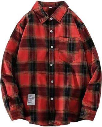 Generic Chemise &agrave; carreaux pour homme, chemise pour homme adulte, chemise boutonn&eacute;e &agrave; manches longues pour homme, haut &agrave; col rabattu pour homme avec col rond 