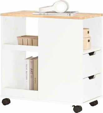 SoBuy SoBuy FBT130-WN Druckertisch mit Schublade und Tür Aktenschrank Rollcontainer mit Fächern Bürowagen Beistellwagen Bürocontainer Weiß-Natur BHT ca