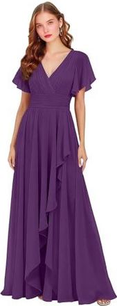 Generic Robe de demoiselle dhonneur en mousseline de soie &agrave; col en V pour femme, robe de soir&eacute;e formelle &agrave; manches flottantes avec fente, violet, 48 Grande ta