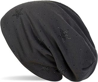 styleBREAKER Bonnet avec étoiles en Strass et Strass Tout Autour, Bonnet Long Slouch, pour Femmes 04024116, Couleur:Anthracite