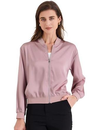 Allegra K Blouson En Satin Femme Chic et &Eacute;l&eacute;gant Veste Bomber Zipp&eacute;e &agrave; Manches Longues V&ecirc;tement dExt&eacute;rieur D&eacute;contract&eacute; et L&eacute;ger Rose Poussi&eacute;reux XS