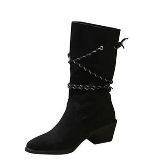 Generic Bottes mi-mollet pour femme &agrave; talon bloc - &Eacute;l&eacute;gantes - R&eacute;tro - D&eacute;contract&eacute;es - Couleur unie - Confortables - Larges mollets - Chaussures de marche &agrave; e