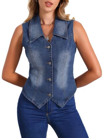 Allegra K Damen Jeansweste Ärmellos mit Kragen V-Ausschnitt Knopfleiste Korsett Bustier Denim Jeansjacke Blau XL