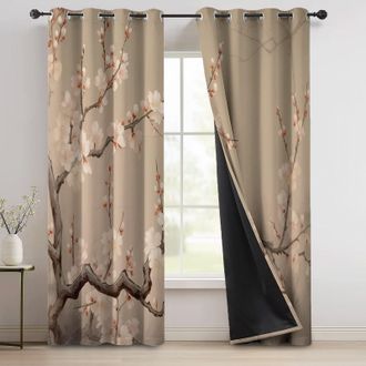 Generic Vorh&auml;nge Blickdicht H 160 X B 140 cm (2Er Pack) Japanischer Minimalismus Blumenzweige Fr&uuml;hlingsblumen Hellrosa Verdunkelungsgardine Mit &Ouml;sen Vorhang V