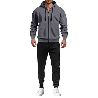 Generic Survêtement solide 2 pièces pour homme avec capuche et jogging à fermeture éclair intégrale pour le sport de plein air, survêtement dautomne et dhiver