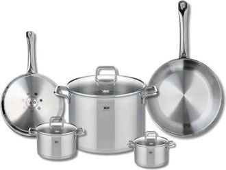 Fackelmann ELO 9503250 Batterie de cuisine 5 pièces, Set de 2 Poêles de cuisson 24 et 28 cm et 3 faitouts 12, 14 et 26 cm Elo Profi Citrin, inox, induction