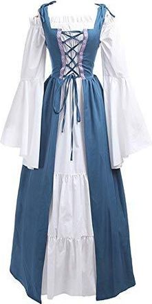 Yonglan Robe Vintage Femme Col Carré Couleur Unie Robe Médiévale Robe Longue À Manches Longues Bleu Clair S