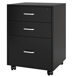 Soges Rollcontainer B&uuml;rocontainer Schreibtisch Aktenschrank auf Rollen aus Holz mit 3 Schubladen Abschlie&szlig;bar Rollcontainer f&uuml;r B&uuml;ro und Zuhause