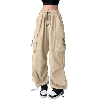 Generic Pantalon cargo ample pour femme - Pantalon cargo de parachute - Cordon de serrage - Taille haute - Pantalon ample d&eacute;contract&eacute; pour femme - Jambe large