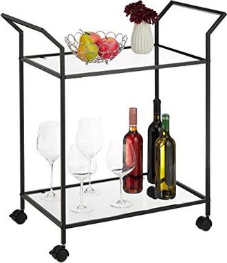 Relaxdays Servierwagen, 2 Ebenen, Metall & Glas, Barwagen mit Rollen, HBT: 77 x 58 x 37 cm, K&uuml;che & Wohnzimmer, schwarz