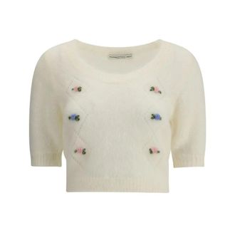 Alessandra Rich Kurzarm-Mohair-Pullover mit bestickten Blumen - - Knitwear - Damen - Beige - S