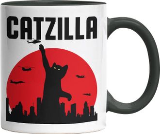 Jimbeels Catzilla Katzen Monster witzig bedruckte Kaffeetasse Lustige Sprüche Tasse zweifarbig black