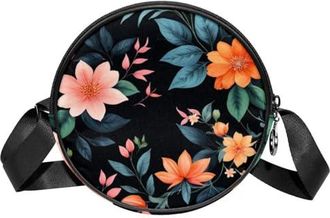Generic Petit sac &agrave; bandouli&egrave;re circulaire pour femme, motif feuilles florales, sac &agrave; dos avec fermeture &eacute;clair, bretelles r&eacute;glables, sac &agrave; main rond d&eacute;contra