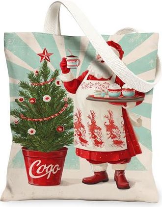 Generic Sacs fourre-tout en toile r&eacute;tro de No&euml;l, motif arbre de vacances festif, sacs d&eacute;picerie, sacs d&eacute;picerie r&eacute;utilisables, l&eacute;gers et lavables &agrave; l&eacute;paule, R