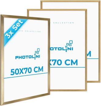 Photolini Bilderrahmen 50x70 Gold 3er Set Holz MDF, 50x70 cm Bilderrahmen groß, Rahmen 70x50 Puzzle, bruchsicheres Acrylglas, picture frame zum Aufhängen, Fotor