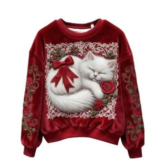 Generic Sweat-shirt pour femmes avec imprim&eacute; chat de No&euml;l en flanelle, col rond, manches longues, pull-over mignon et original pour les f&ecirc;tes, v&ecirc;tements dhive