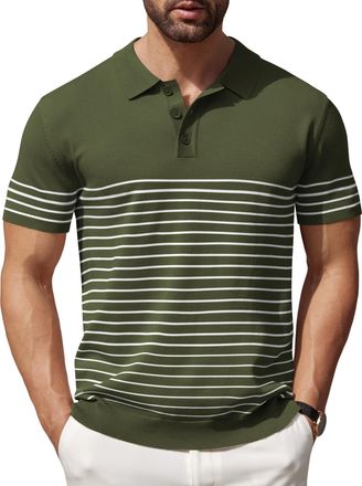 Coofandy Herren Strick Poloshirts Kurzarm Casual M&auml;nner Knopfleiste Polo T-Shirt Streifen Vintage Polohemd Armeegr&uuml;n XL