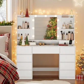 Vasagle Kailyn Collection - Coiffeuse avec Miroir LED, Multiprise, 9 Tiroirs, 9 Ampoules, Rangement Bijoux, Éclairage 3 Couleurs, Installation des Rails sans 