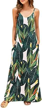 Generic Robe d&eacute;t&eacute; d&eacute;contract&eacute;e pour femme, style boh&egrave;me, &agrave; imprim&eacute; floral, bretelles spaghetti, poche, longue, tendance, ample, Vert, L