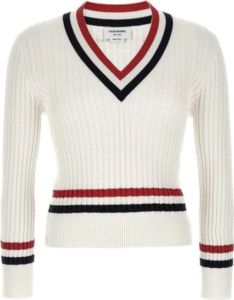 Thom Browne Femme, Pulls, Blanc, Taille: 42 FR Braid Cotton Sweater
