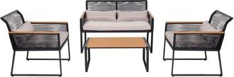 Hhg Garten-Garnitur 603, Gartenlounge Lounge-Set Sitzgruppe Sofa, Seilgeflecht Rope Holzoptik Stahl, Polster hellgrau