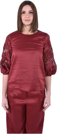 Max Mara Femme, Blouses et Chemises, Rouge, Taille: 34 FR T-shirt &agrave; manches lanterne en macram&eacute;