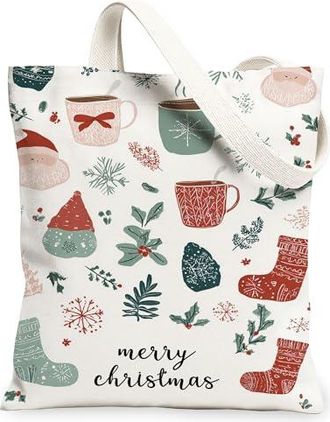 Generic Sacs fourre-tout en toile de No&euml;l, design festif vintage, sacs de courses r&eacute;utilisables, l&eacute;gers et lavables avec bandouli&egrave;re, blanc, 13x15 Inch