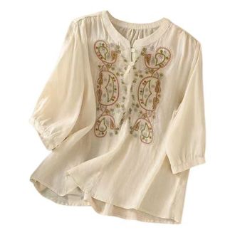 Generic T-shirt d&eacute;t&eacute; pour femme - Col rond - R&eacute;tro - Avec cinq manches quart et broderie litt&eacute;raire - Pull semi-ouvert, beige, XXL