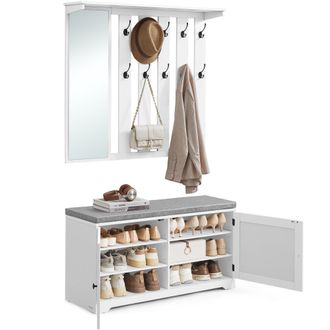 Vasagle Schuhbank Wandgarderobe Set, Garderobe mit Spiegel, 10 Doppelhaken, Schuhschrank mit verstellbaren Ablagen, Doppelt&uuml;ren, Sitzbank, Sitzpolster abnehmb