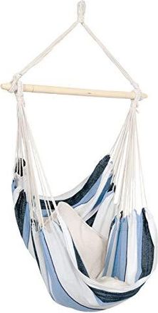 Amazonas Sandals Hängesessel wetterfest UV-beständig Havanna Marine mit Querstab aus FSC Buchenholz 110 cm bis 150 kg blaugestreift