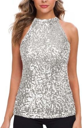 Generico Débardeur à paillettes pour femme - Sans manches - Avec perles, gris, Taille Unique