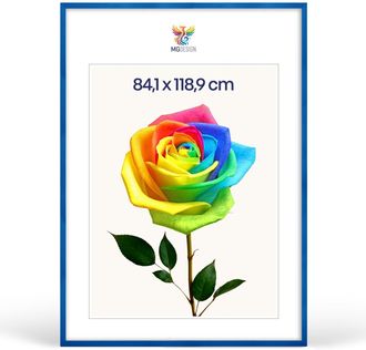 MG Design Bilderrahmen A0 84,1 x 118,9 cm - Posterrahmen mit Blau Holzrahmen (Echtholz) und bruchsicherem Acrylglas, Hoch & Quer mit verst&auml;rkter Wandaufh&auml;ngung