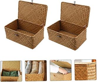 Cabilock 2 Pi&egrave;ces Bo&icirc;te De Rangement Tiss&eacute;e Stockage Paniers De Rangement En Jonc De Mer Bacs De Pour Jouets Avec Couvercles Panier Tiss&eacute; Algues Naturelles Pla