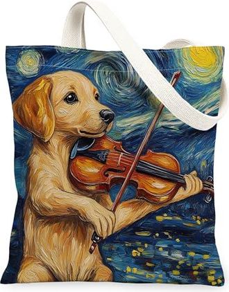Generic Sac fourre-tout en toile r&eacute;utilisable pour le shopping Motif labrador retriever 33 x 38,1 cm Motif violon nocturne &eacute;toil&eacute; pour femme