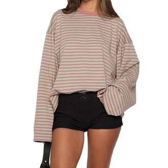 Generic Chemise ray&eacute;e &agrave; manches longues pour femme Y2K surdimensionn&eacute;e col rond vintage automne-hiver &eacute;paules tombantes mignon pull preppy, t-shirts, rose, XS