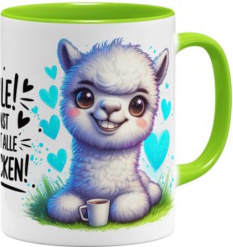 OM3 Lustige Alpaka Kaffee-Tasse mit Spruch - L&auml;chle! Du kannst sie nicht alle anspucken! - Statement - Keramik Becher - 325ml - Rundumdruck - Hellgr&uuml;n