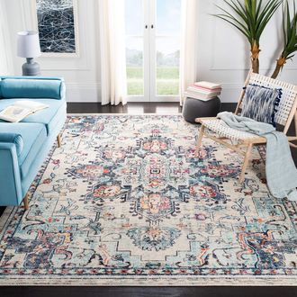 Safavieh Boho Teppich f&uuml;r Wohnzimmer, Esszimmer, Schlafzimmer - Madison Collection, Kurzer Flor, Creme und Blau, 244 x 244 cm