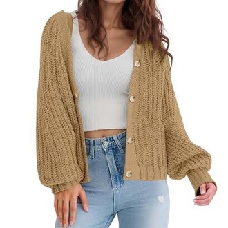 Generic Pull &eacute;pais ouvert sur le devant &agrave; manches longues en tricot boutonn&eacute; pour femme, kaki, 3XL