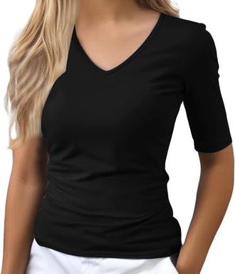 Generic Tee Shirt Femme Sport D&eacute;contract&eacute;e Blanc T-Shirt Tops Manche Courtes D&eacute;t&eacute; Amples Basic Tshirt Grande Taille Imprim&eacute; Col en V Top Blouse &Agrave; Manches Cour