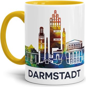 Tassendruck Darmstadt-Tasse Skyline - Kaffeetasse/Silhouette/Souvenir/Städte-Tasse/Mug/Cup/Becher/Beste Qualität - 25 Jahre Erfahrung - Innen & Henkel Gelb