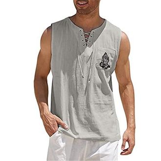 Generic Chemise en coton et lin pour homme - Hauts dentra&icirc;nement d&eacute;t&eacute; pour homme - Haut de printemps et d&eacute;t&eacute; d&eacute;contract&eacute; - Haut sans manches en coton - D&eacute;bard