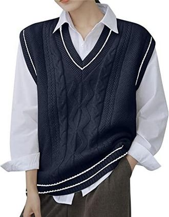 Generic Pull de vacances pour femme à col en V surdimensionné sans manches en tricot ample sans manches pour adulte, bleu marine, Taille unique