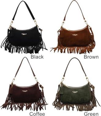 Generic Sac &agrave; bandouli&egrave;re r&eacute;tro en Faux daim pour femmes, avec pompon sous les aisselles, sac &agrave; main de trajet (noir)