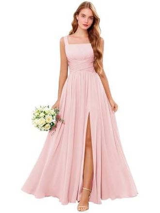 Generic Robe de demoiselle dhonneur en mousseline de soie plissée à col carré avec poches pour femme - Robe de soirée formelle trapèze avec fente, rose, 58 Gr