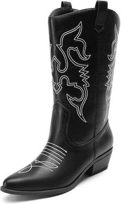 Dream Pairs Bottes de cowboy &agrave; enfiler pour femme, bottes western mi-mollet, disponibles en mollet standard et large, Polyur&eacute;thane noir., 38.5 EU